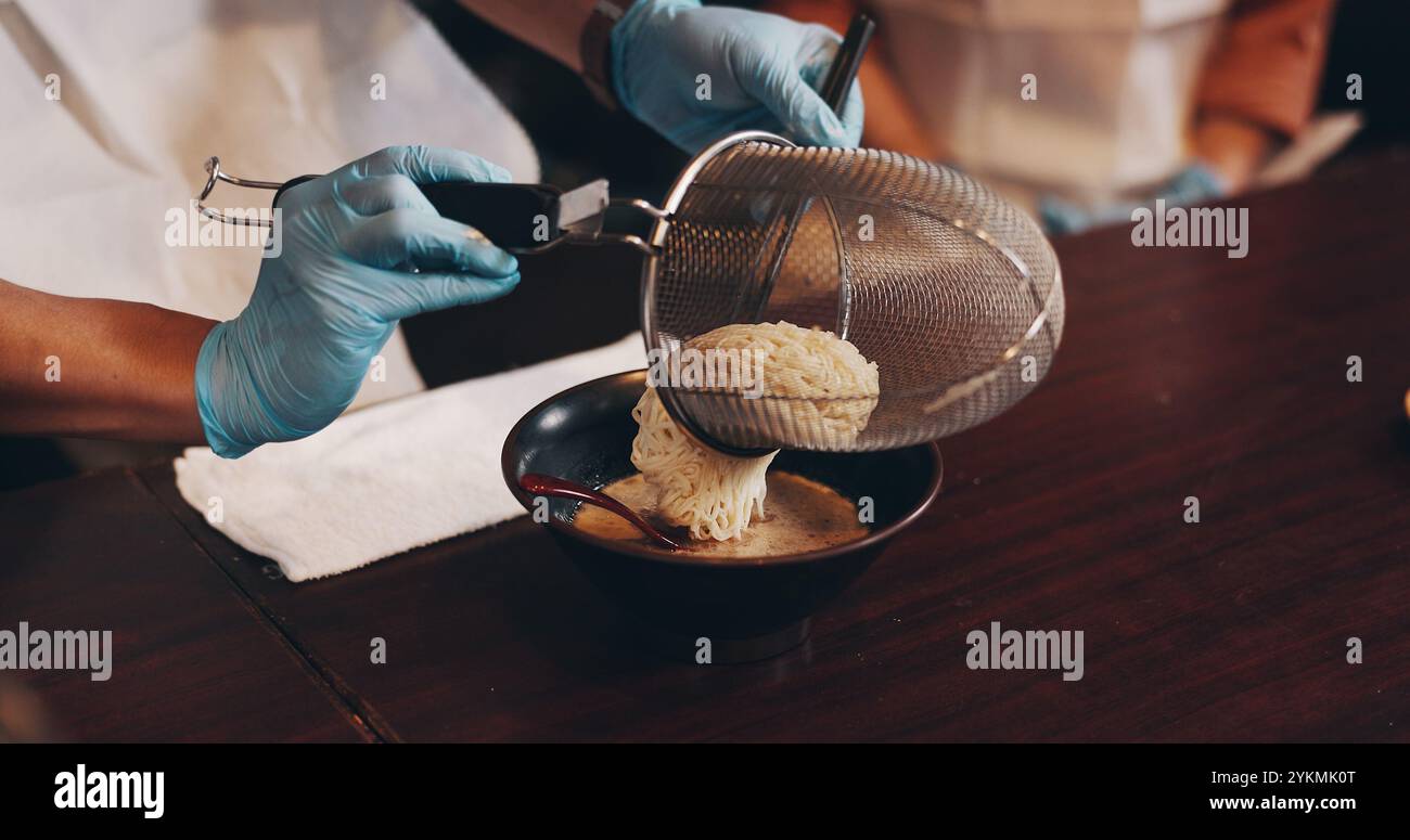 Hands, bowl and meal prep for ramen noodles, cooking class and chef in ...