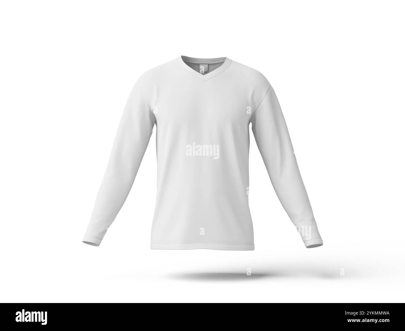 Front View White Blank Long Sleeve V-Neck T-Shirt Mockup 3D Realistic ...