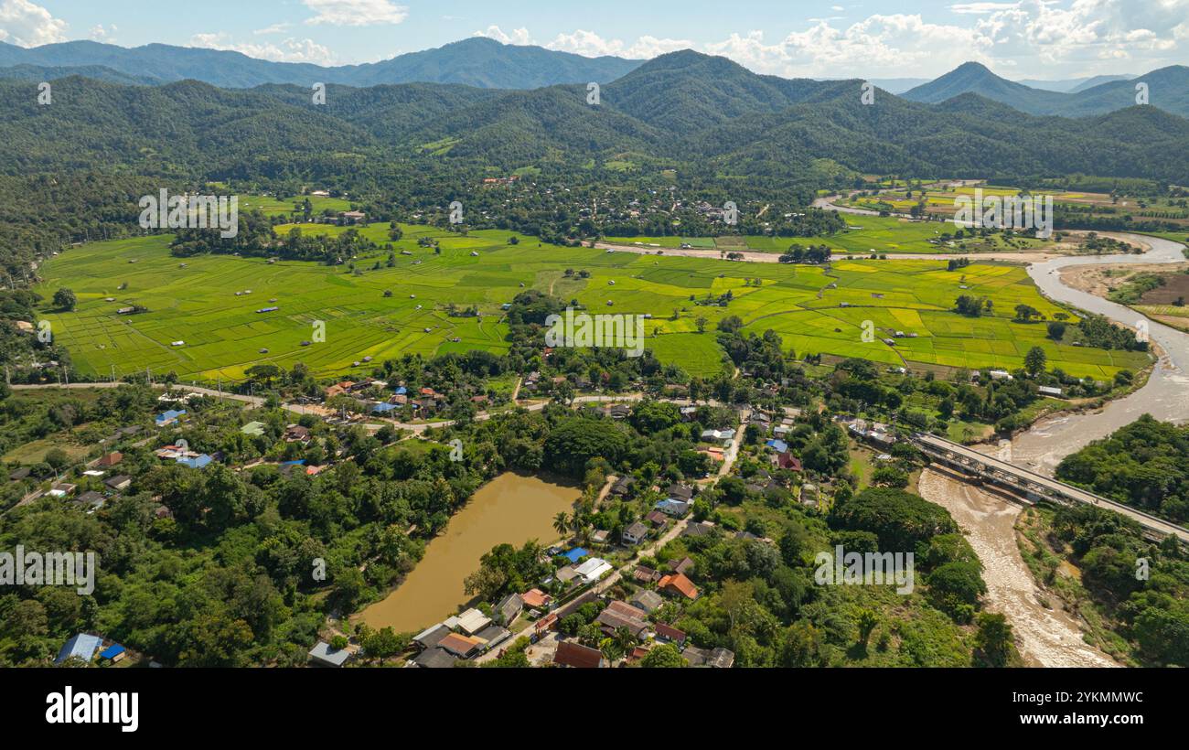 Aerial view of The historic Tha Pai Bridge, spanning the Pai River, is ...
