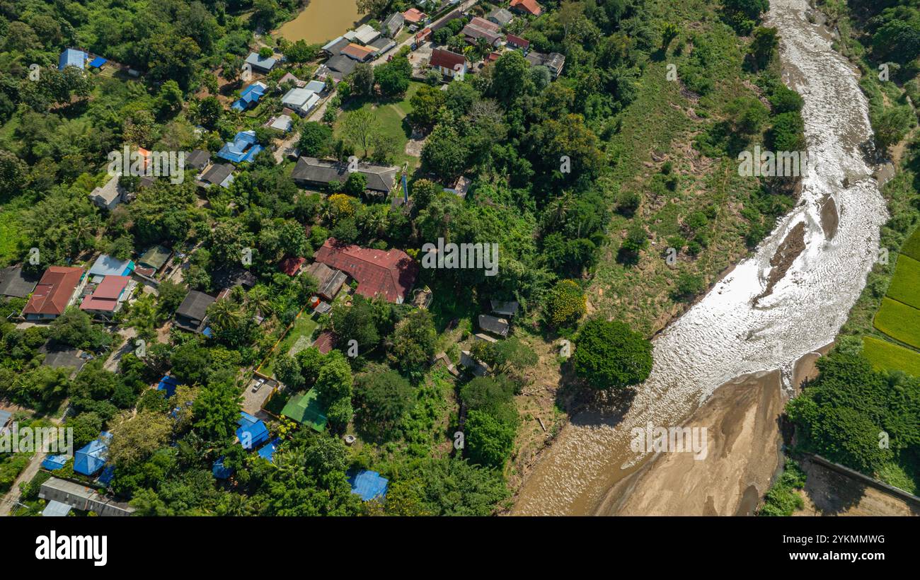 Aerial view of The historic Tha Pai Bridge, spanning the Pai River, is ...