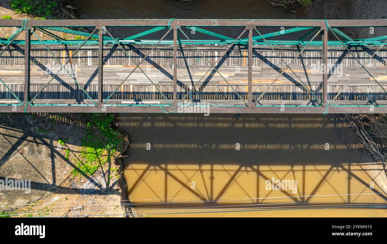 Aerial view of The historic Tha Pai Bridge, spanning the Pai River, is ...