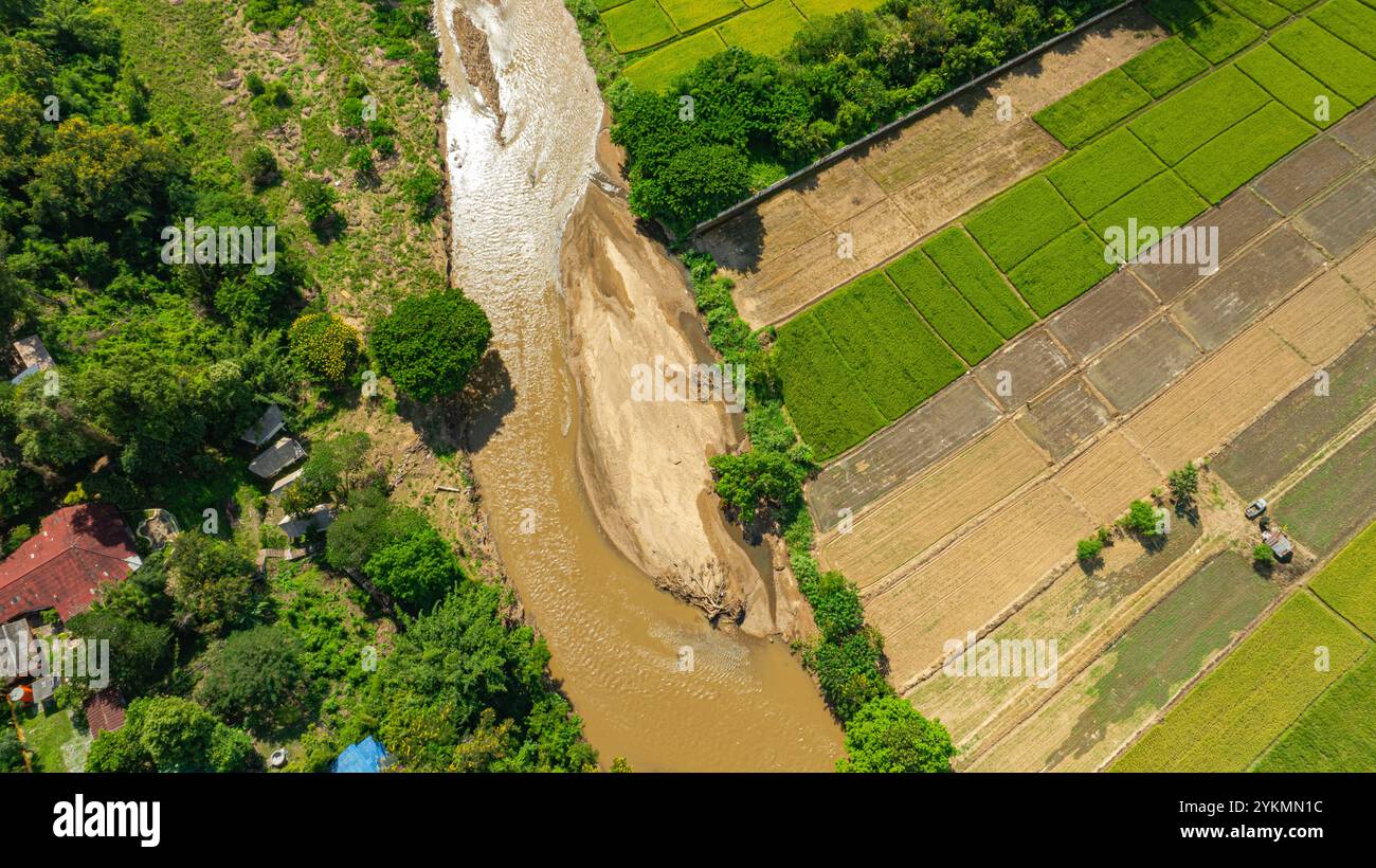 Aerial view of The historic Tha Pai Bridge, spanning the Pai River, is ...