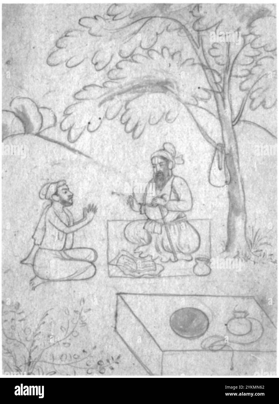 Brush drawing on paper of Guru Nanak with a devotee, from a Janamsakhi ...