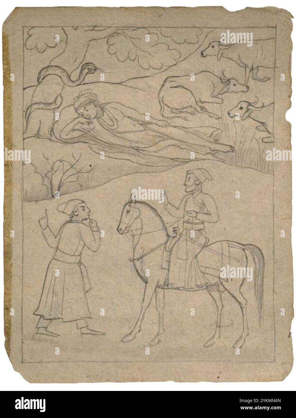 Brush drawing on paper titled 'Early intimations of Guru Nanak's ...