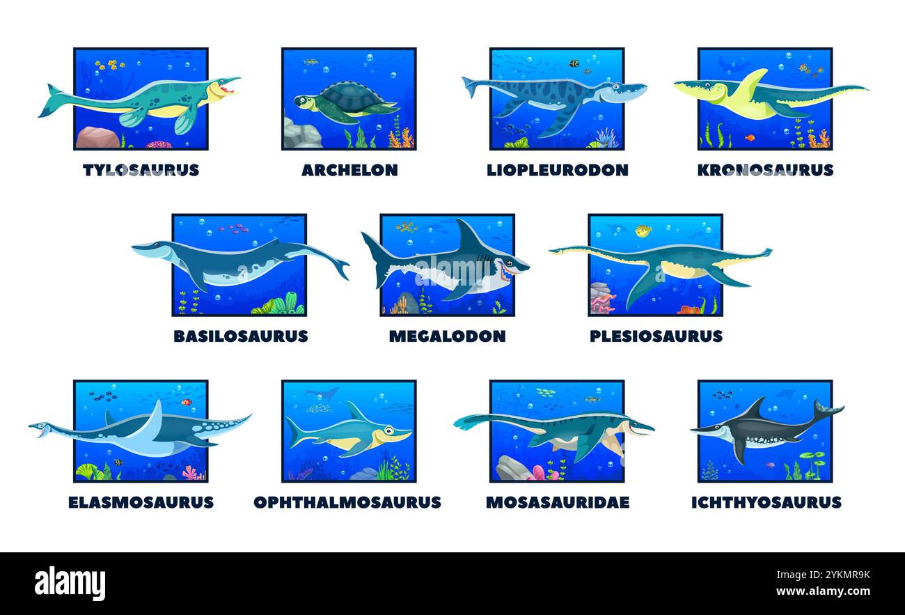 Cartoon prehistoric underwater dinosaurs. Vector set of ancient underwater creatures, with their ...
