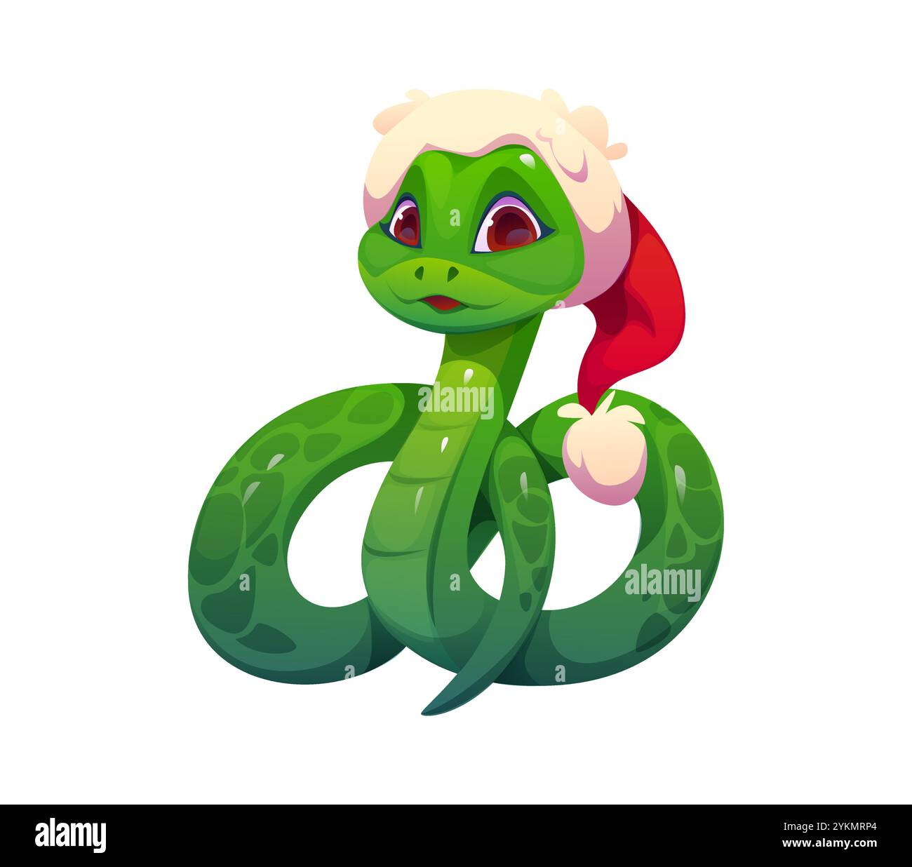 Cartoon Christmas cute green snake animal character with large brown ...