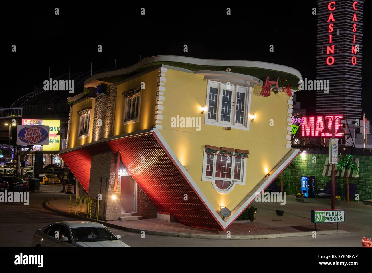 Upside Down House at night on Clifton Hill in Niagara Falls, Ontario ...