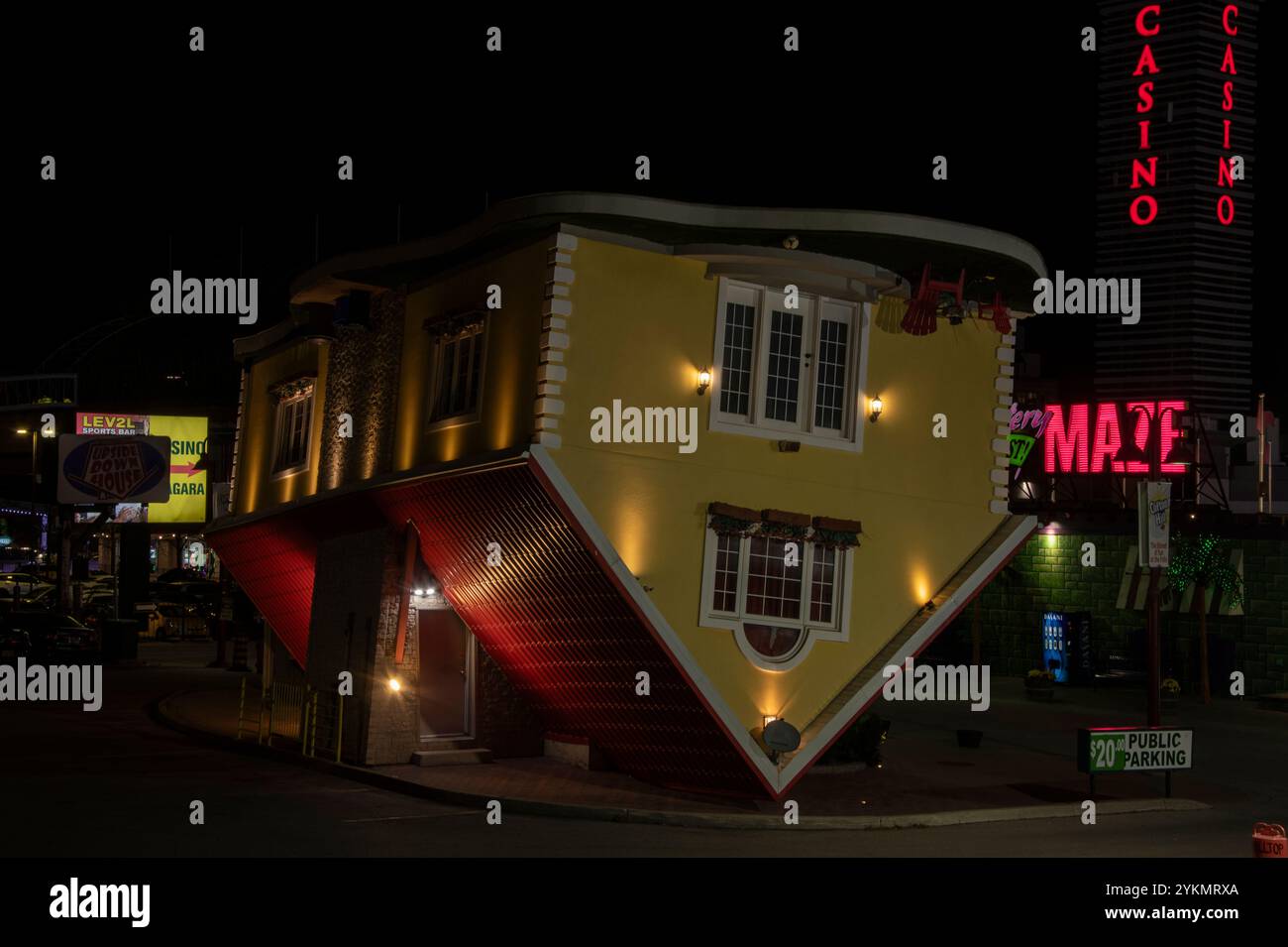 Upside Down House at night on Clifton Hill in Niagara Falls, Ontario ...