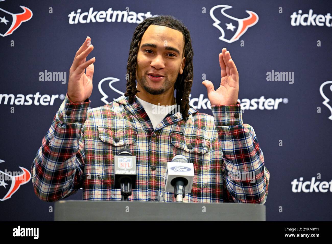 Houston Texans quarterback C.J. Stroud speaks to reporters following an ...