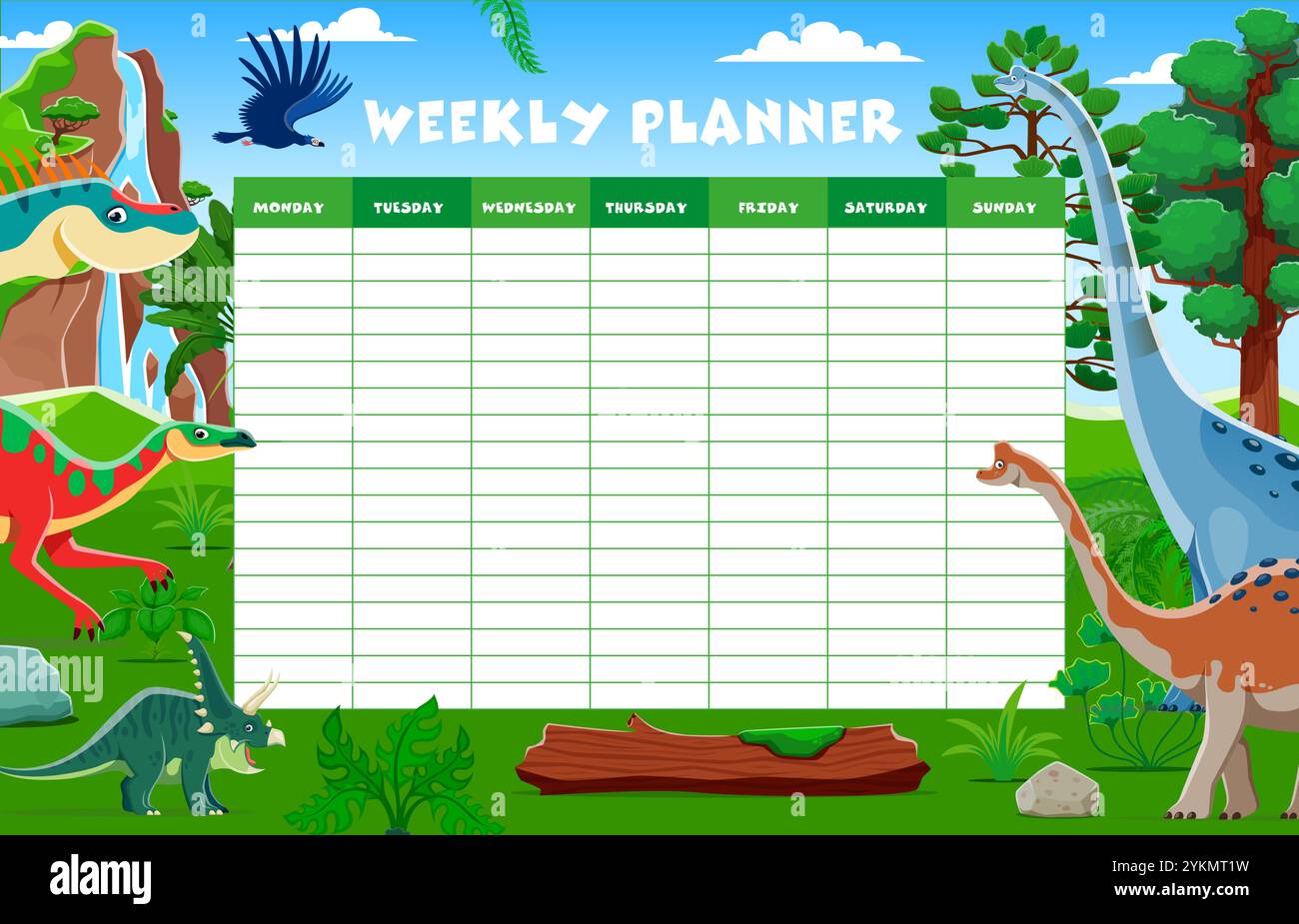 Weekly planner schedule with cartoon prehistoric dinosaurs and reptiles ...