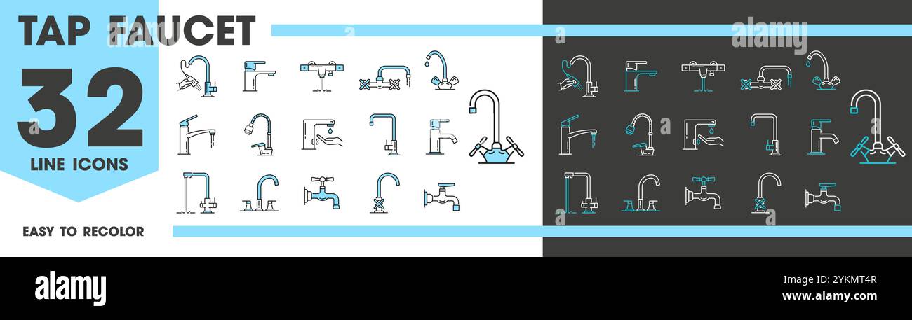 Tap kitchen and bathroom faucet line icons. Vector linear symbols set ...