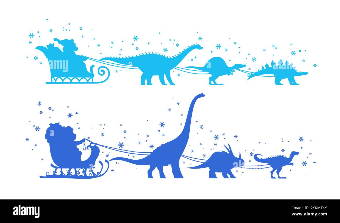 Santa sleigh silhouette with dinosaurs and falling snowflakes. Blue ...