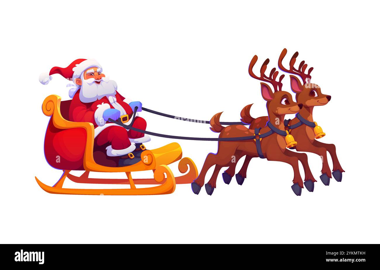 Cartoon Santa Claus rides a festive sleigh pulled by two reindeer ...