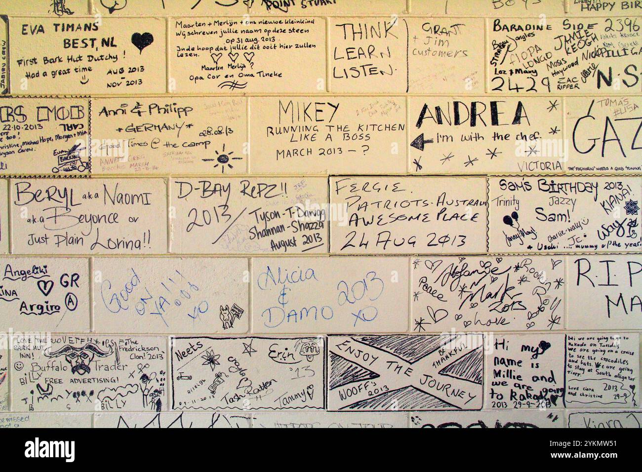 Tourist messages on a wall at The Bark Hut outback hotel in Kakadu ...