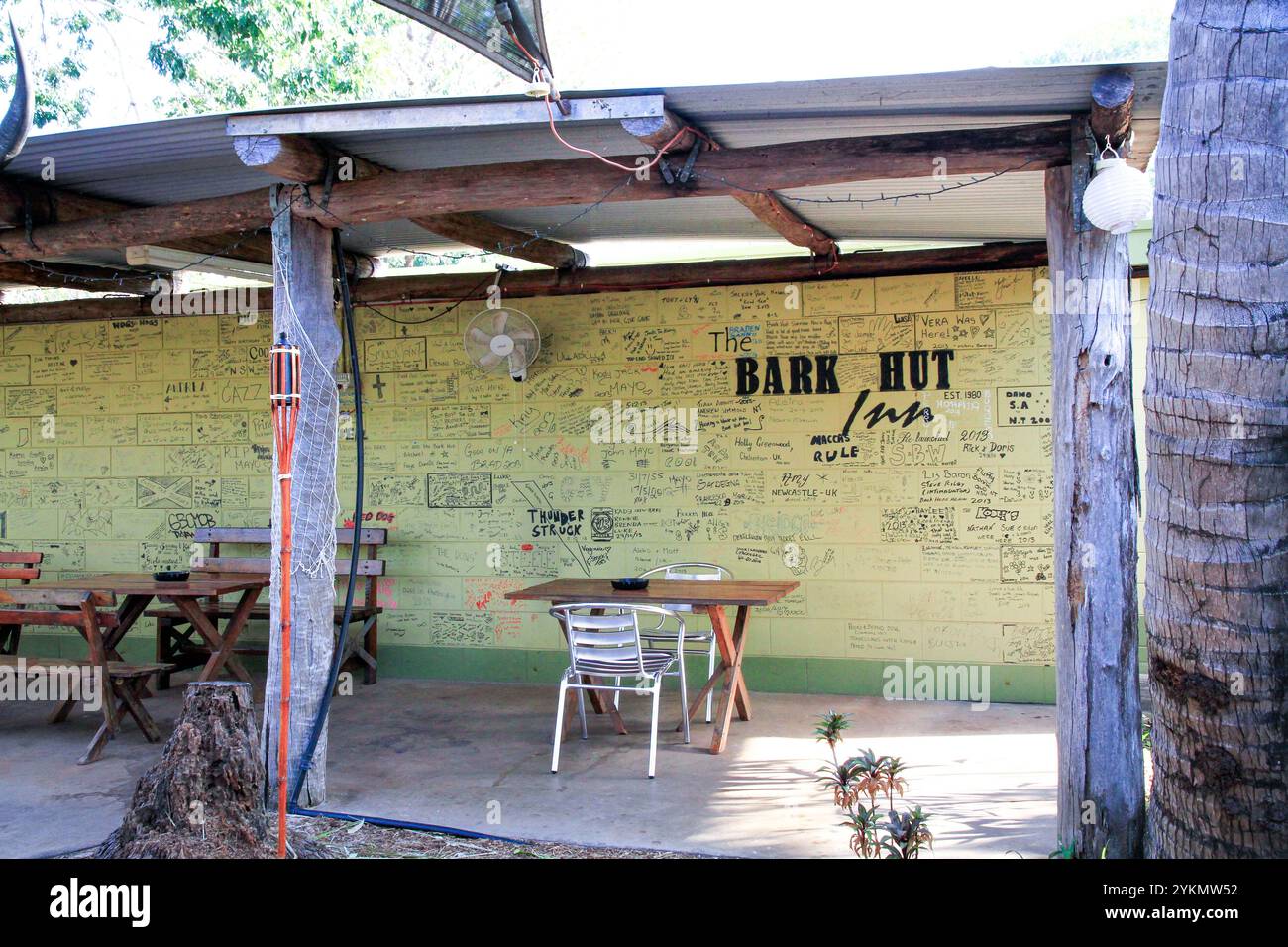 Tourist messages on a wall at The Bark Hut outback hotel in Kakadu ...