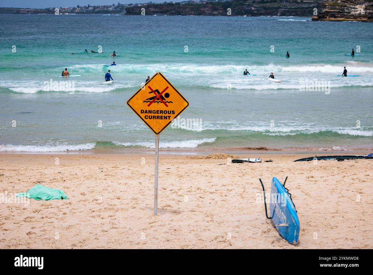 Sign warning swimmers of dangerous current at Bondi Beach, while ...