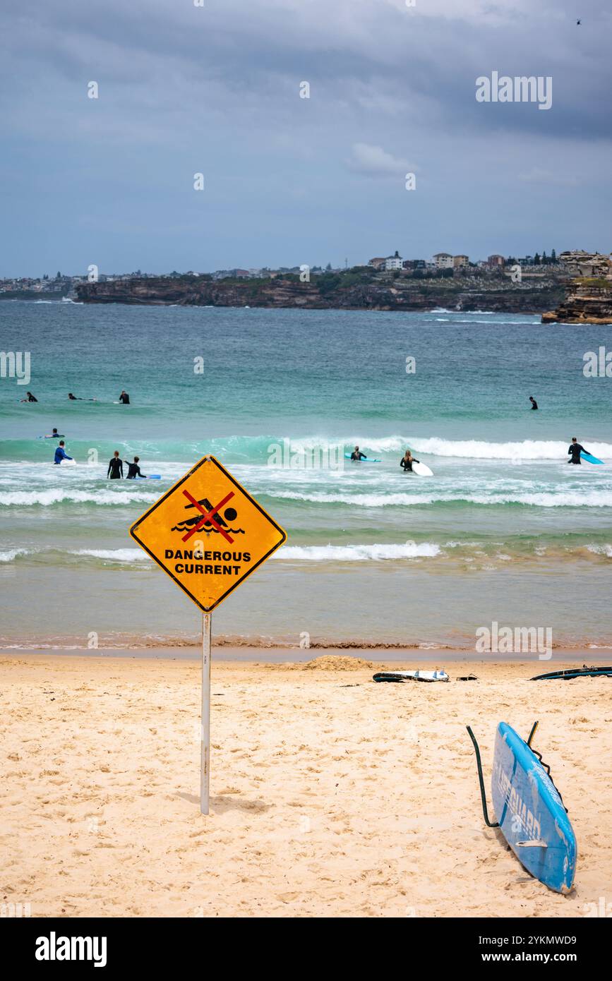 Sign warning swimmers of dangerous current at Bondi Beach, while ...