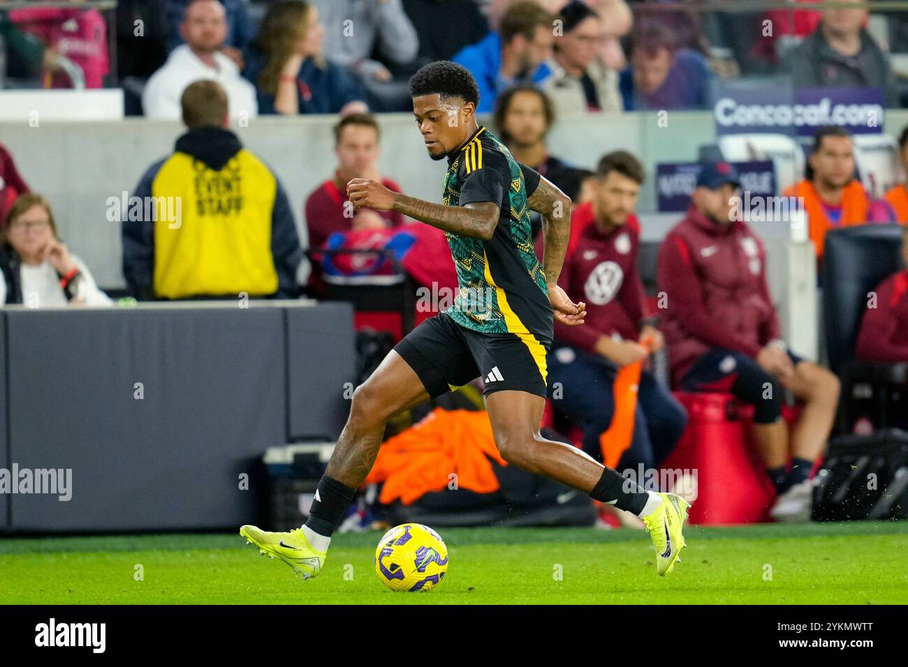 St. 18th Nov, 2024. Jamaica forward Leon Bailey (7) moves the ball ...