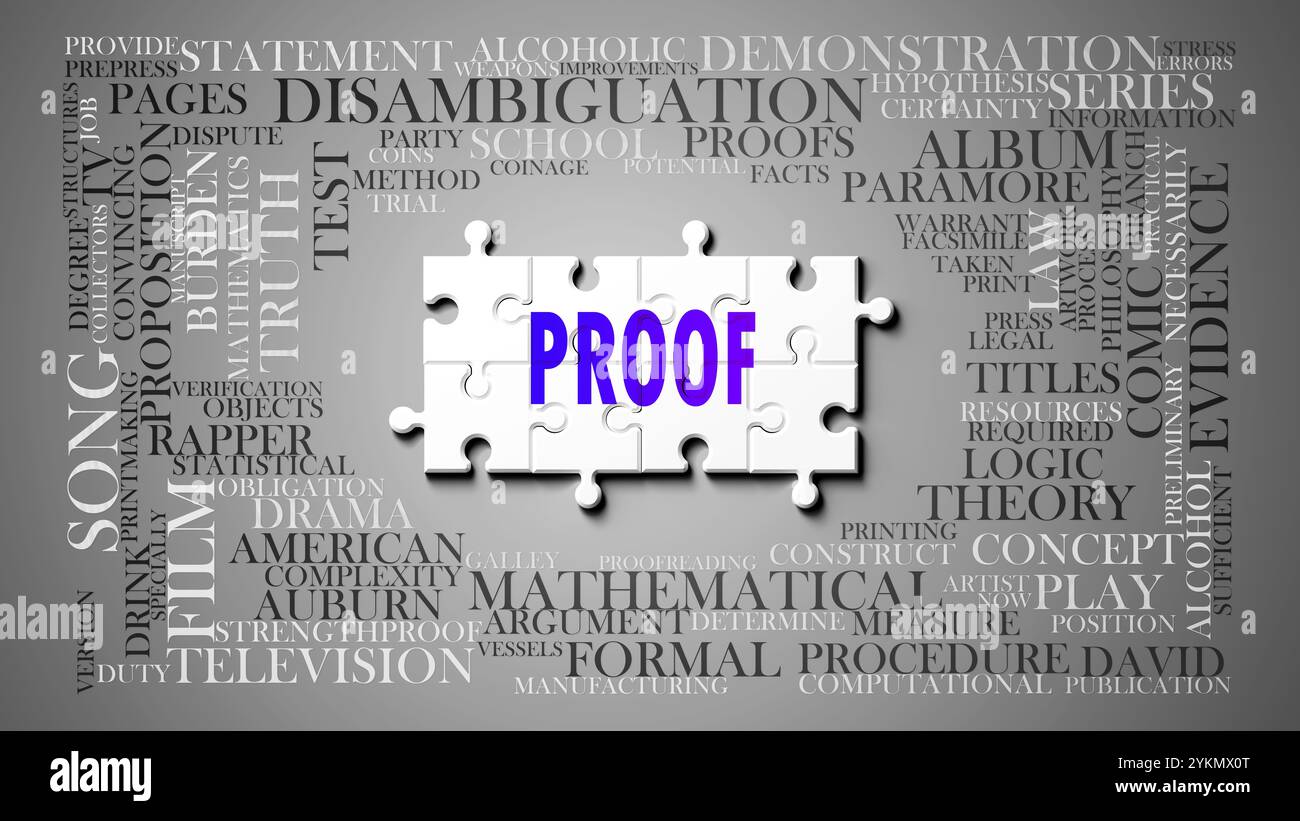 Proof as a complex subject, related to important topics spreading around as a word cloud Stock ...