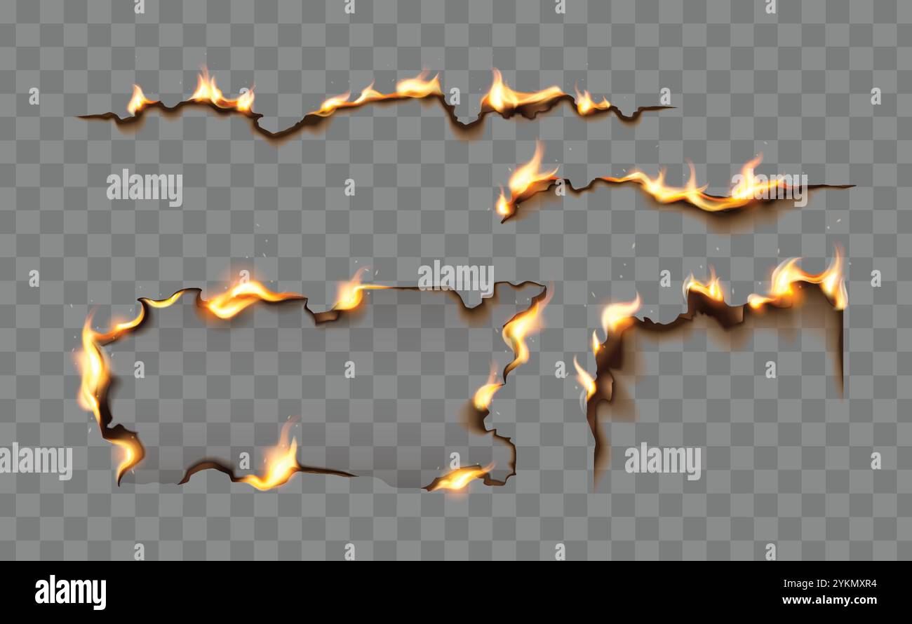 Burning paper edge frames set isolated on transparent background ...