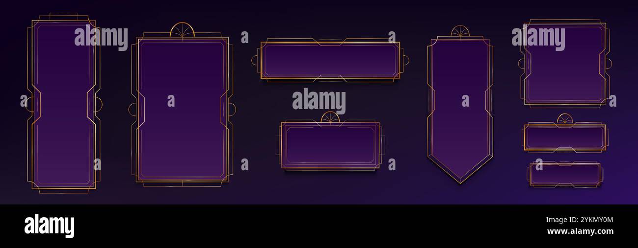 Digital game interface elements - purple rectangular frames with gold ...