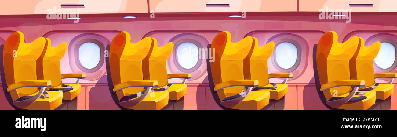 Interior side view of aircraft cabin with rows of yellow seats, oval ...