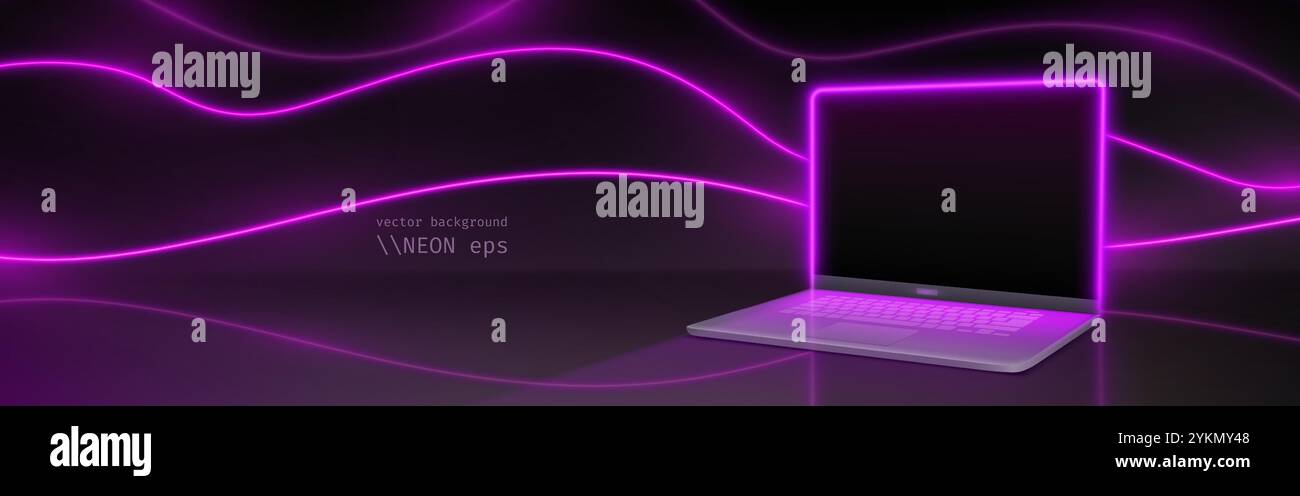 Modern laptop mockup illuminated by purple neon lights on dark backdrop ...