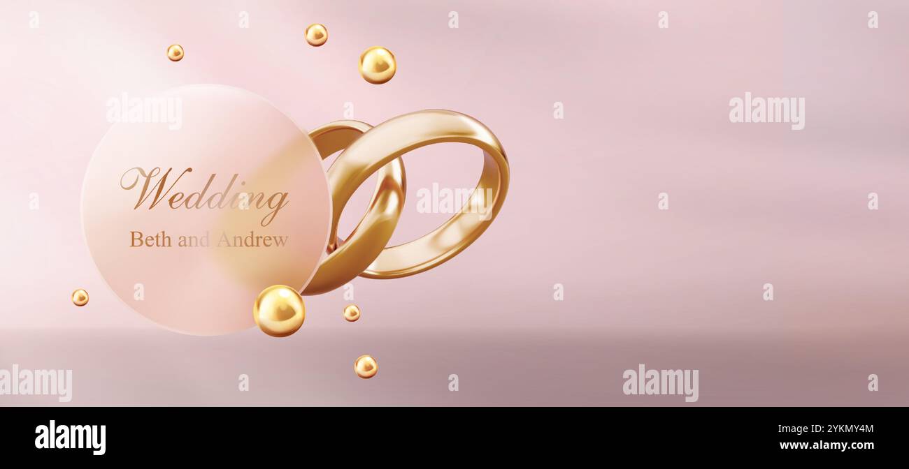 3d romantic composition with golden wedding bands behind glass circle ...