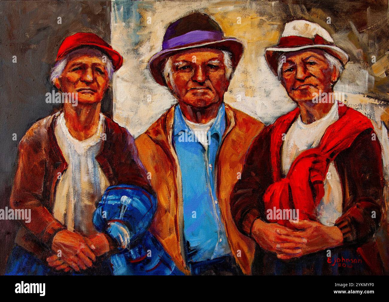 Painting depicting three elderly men wearing hats, posing together ...