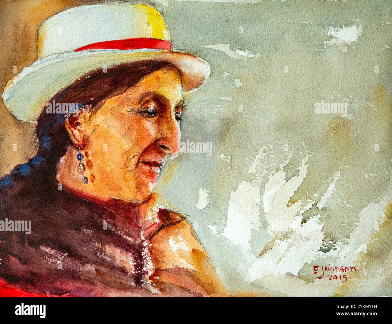 Watercolor painting of an indigenous woman wearing a traditional white ...