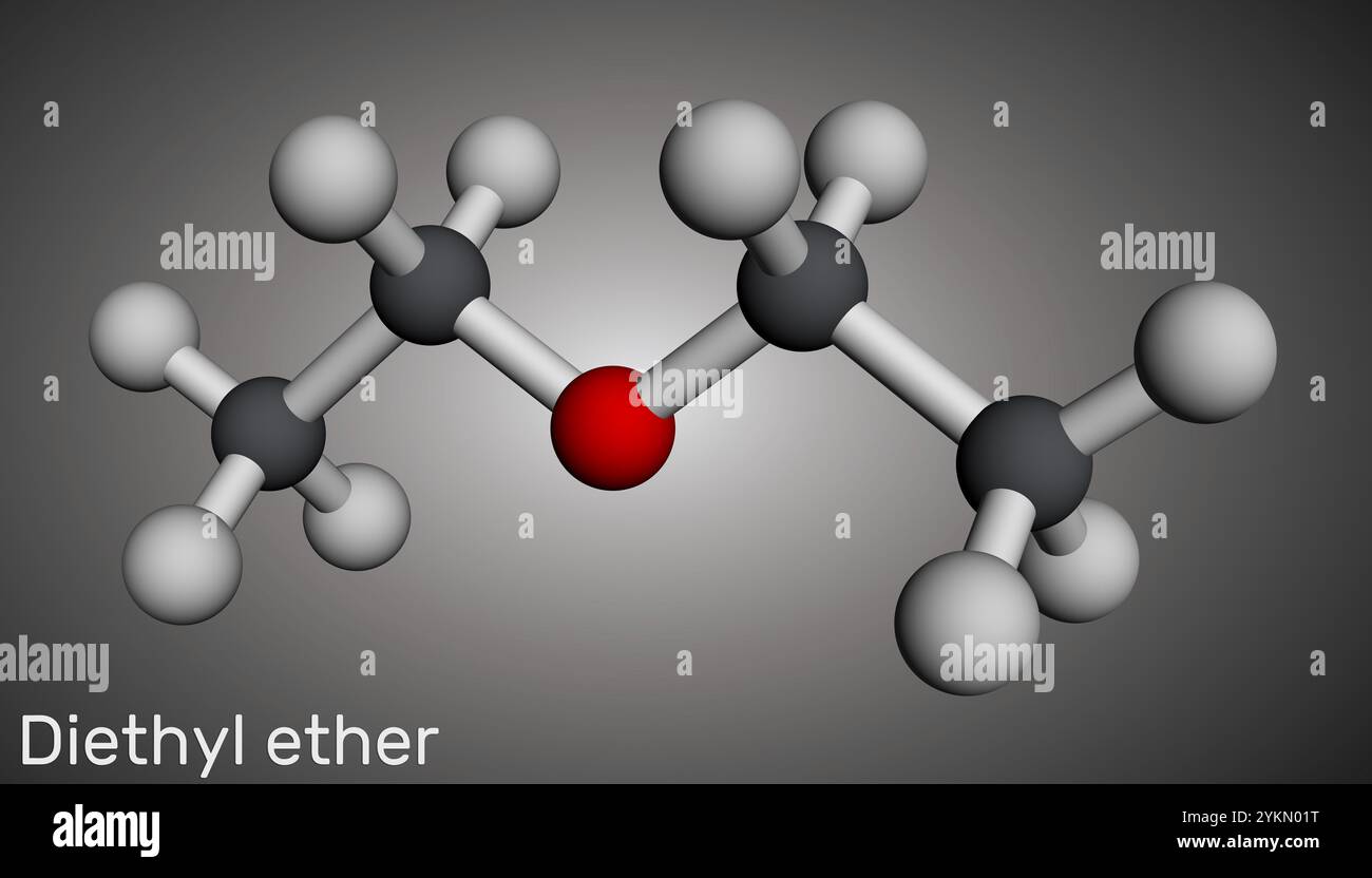 Diethyl ether, ethoxyethane molecule. Molecular model. 3D rendering ...