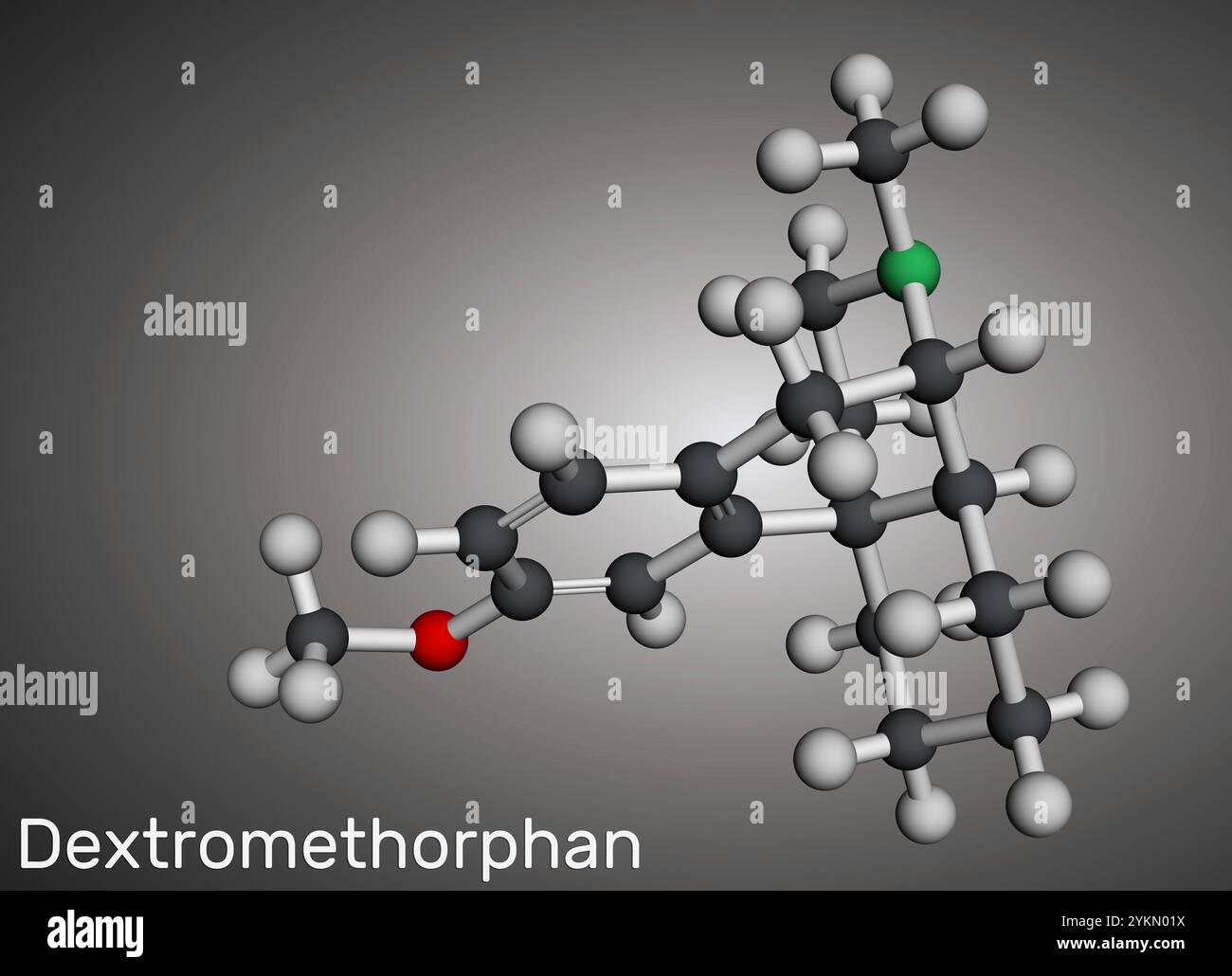 Dextromethorphan (DXM) molecule. Antitussive drug. Molecular model. 3D rendering. Illustration ...