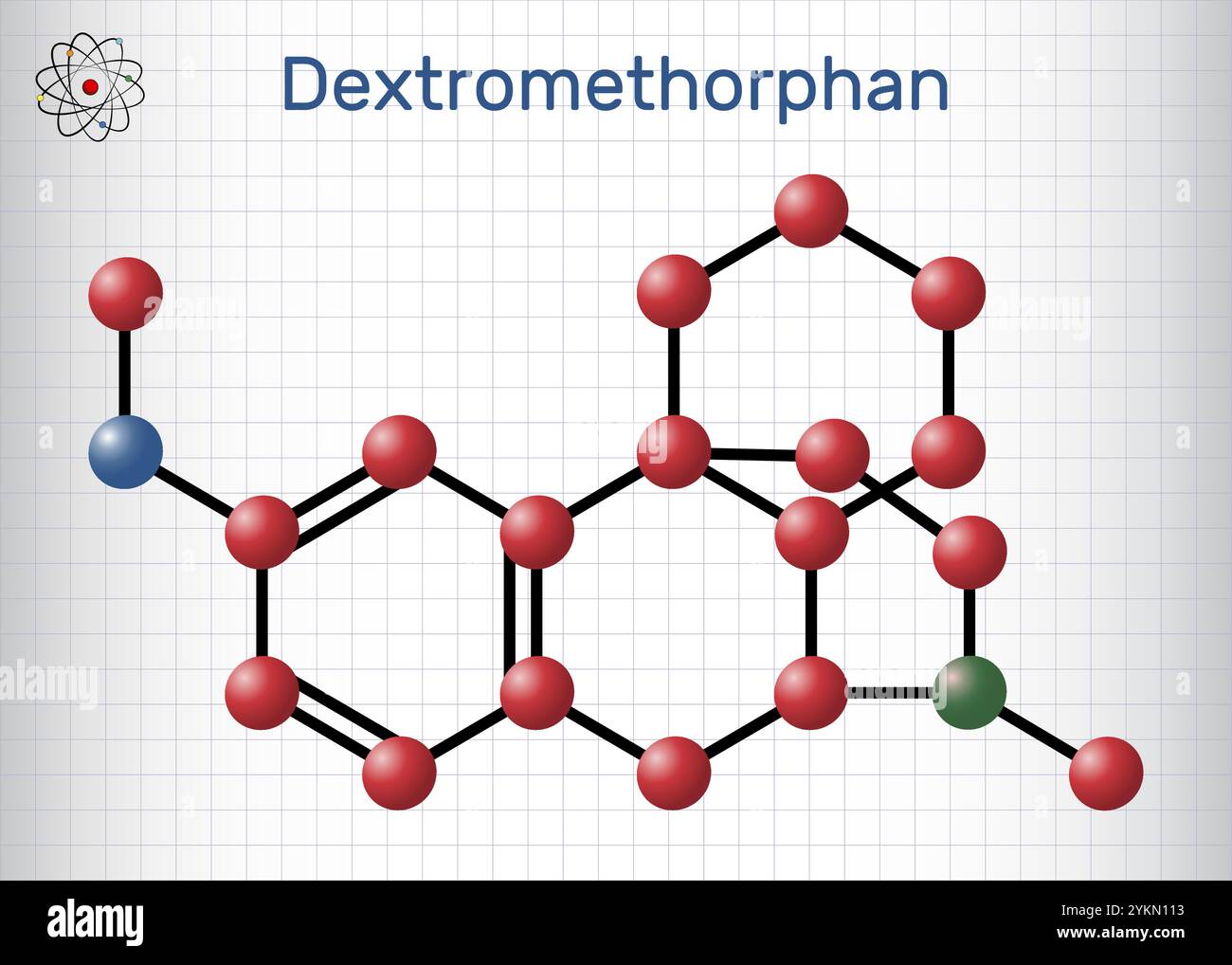 Dextromethorphan (DXM) molecule. Antitussive drug. Molecule model ...