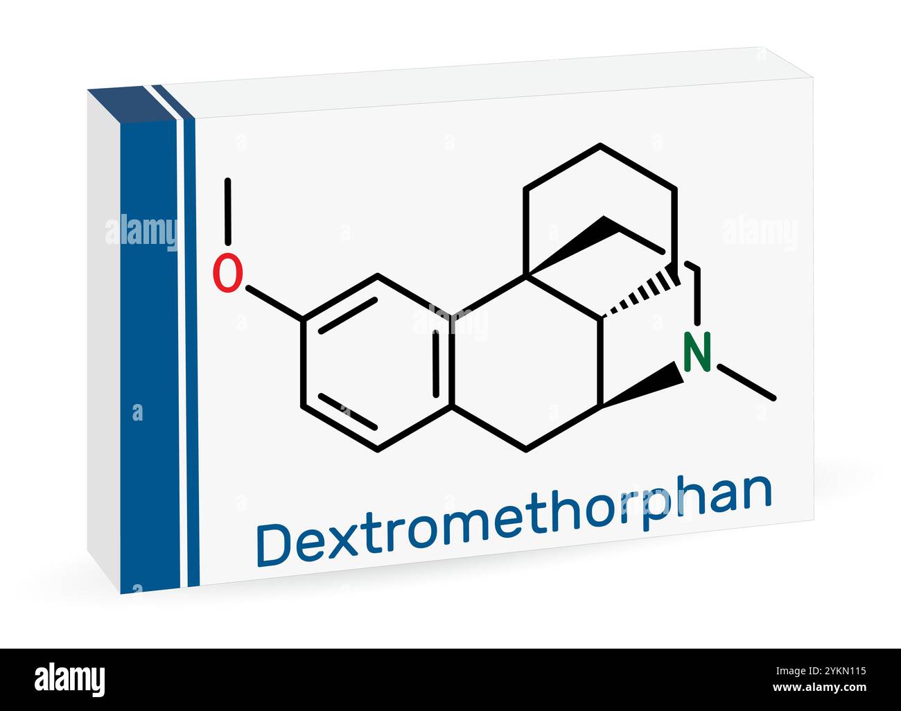 Dextromethorphan (DXM) molecule. Antitussive drug. Skeletal chemical formula. Paper packaging ...