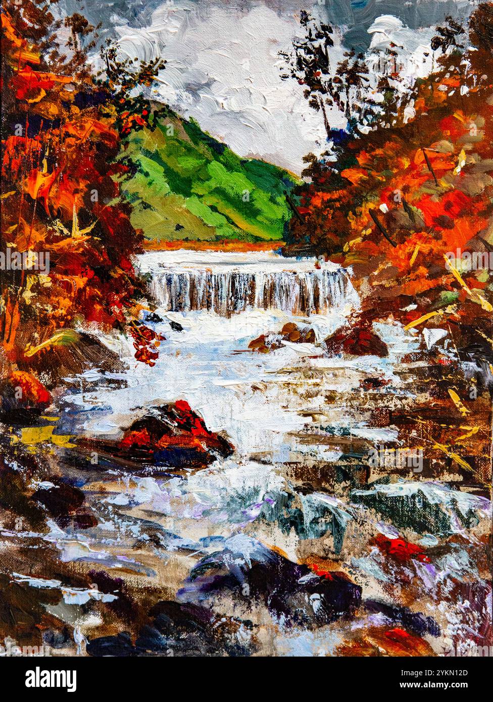 Oil painting of a waterfall cascading through an autumn forest ...