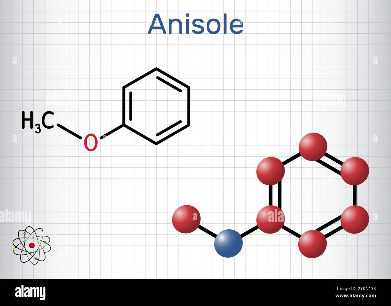 Anisole, methoxybenzene, methyl phenyl ether molecule. Structural chemical formula, molecule ...