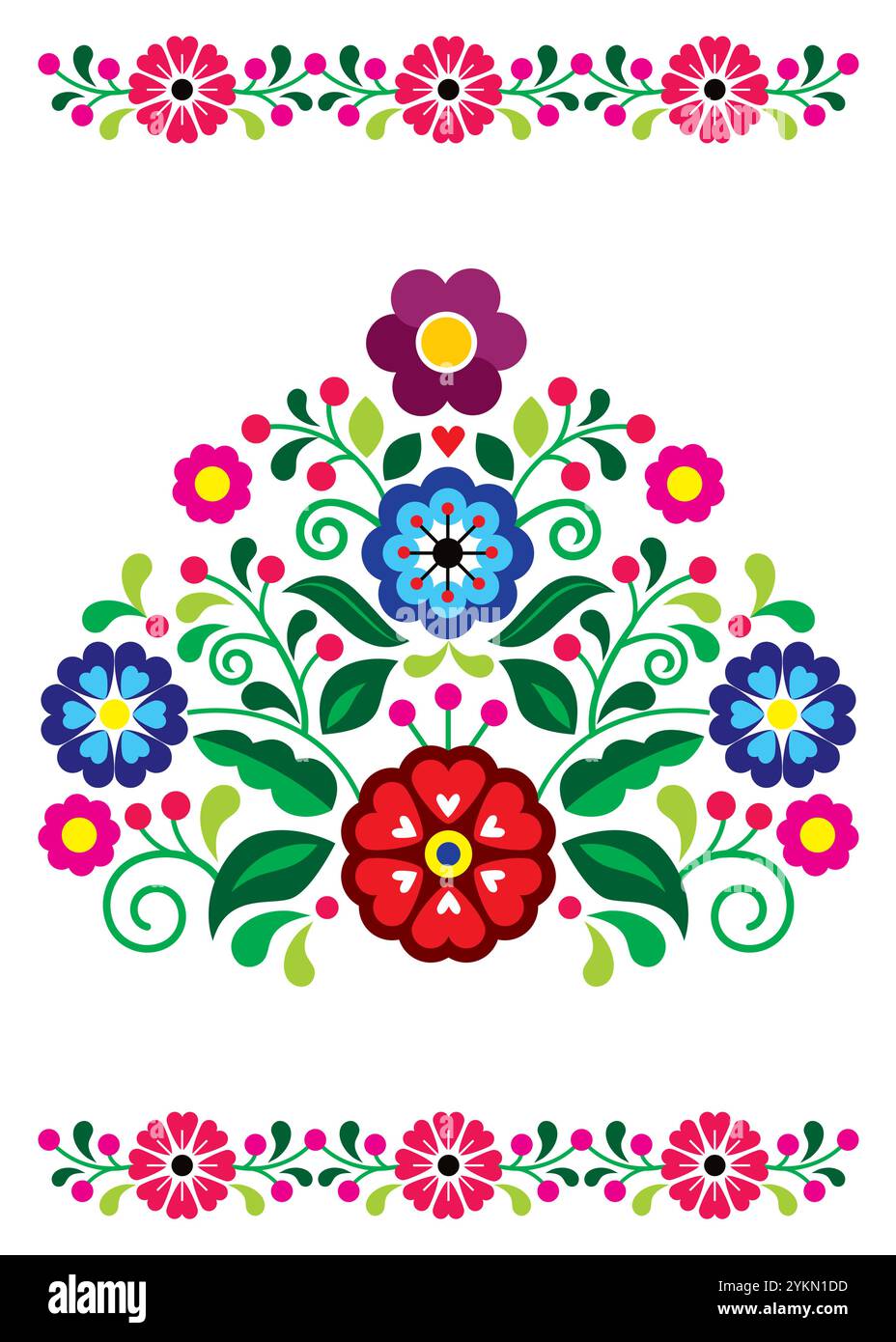 Mexican folk art style vector floral pattern, 5x7 greeting card retro ...