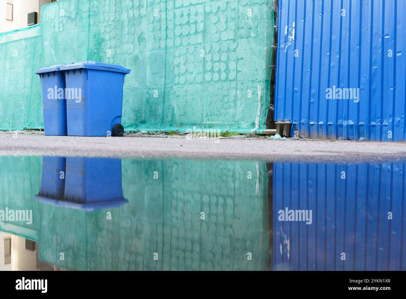 Two blue trash cans are sitting next to a green wall puddle Stock Photo ...