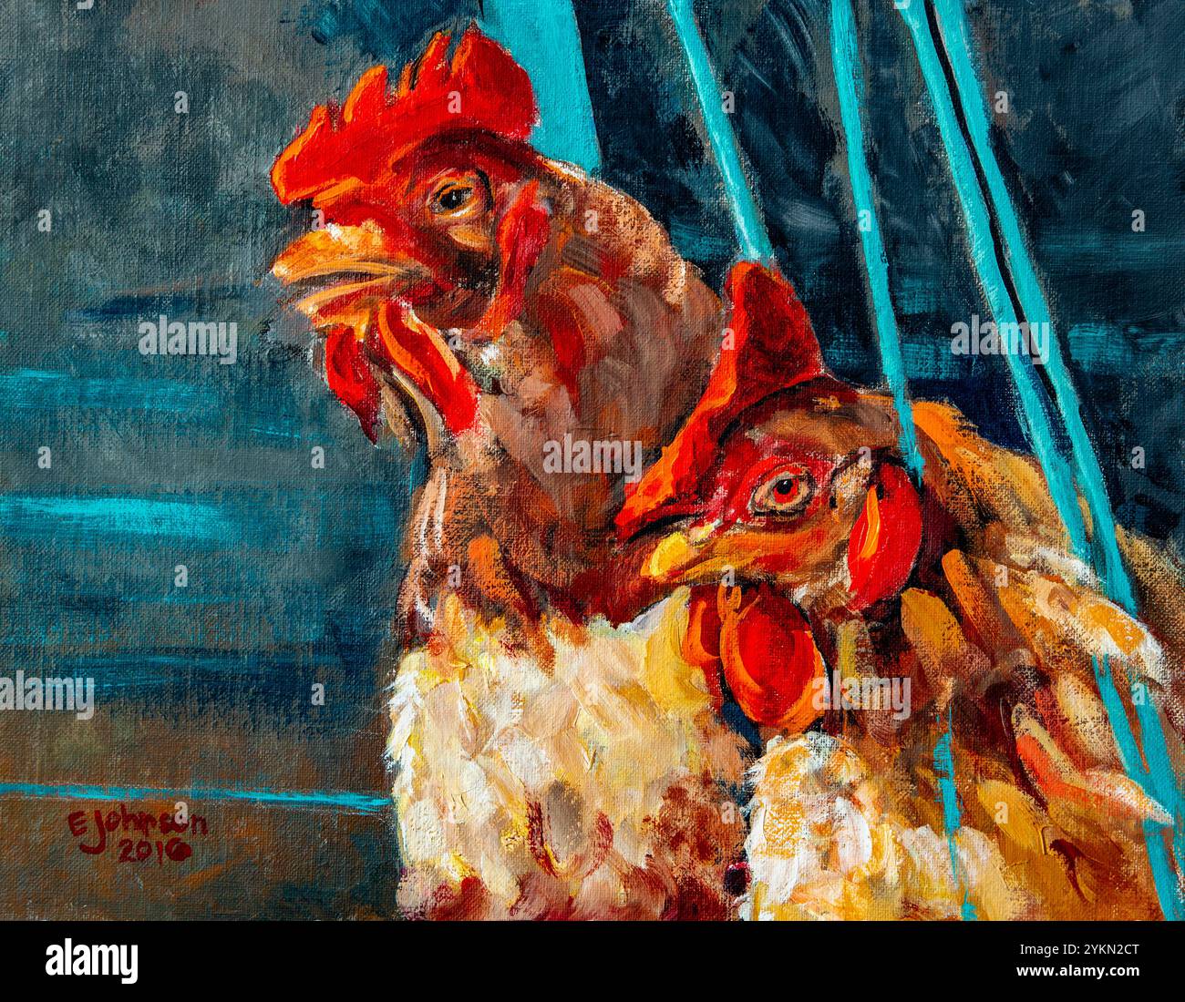 Colorful brushstrokes depict two chickens in a dynamic composition ...