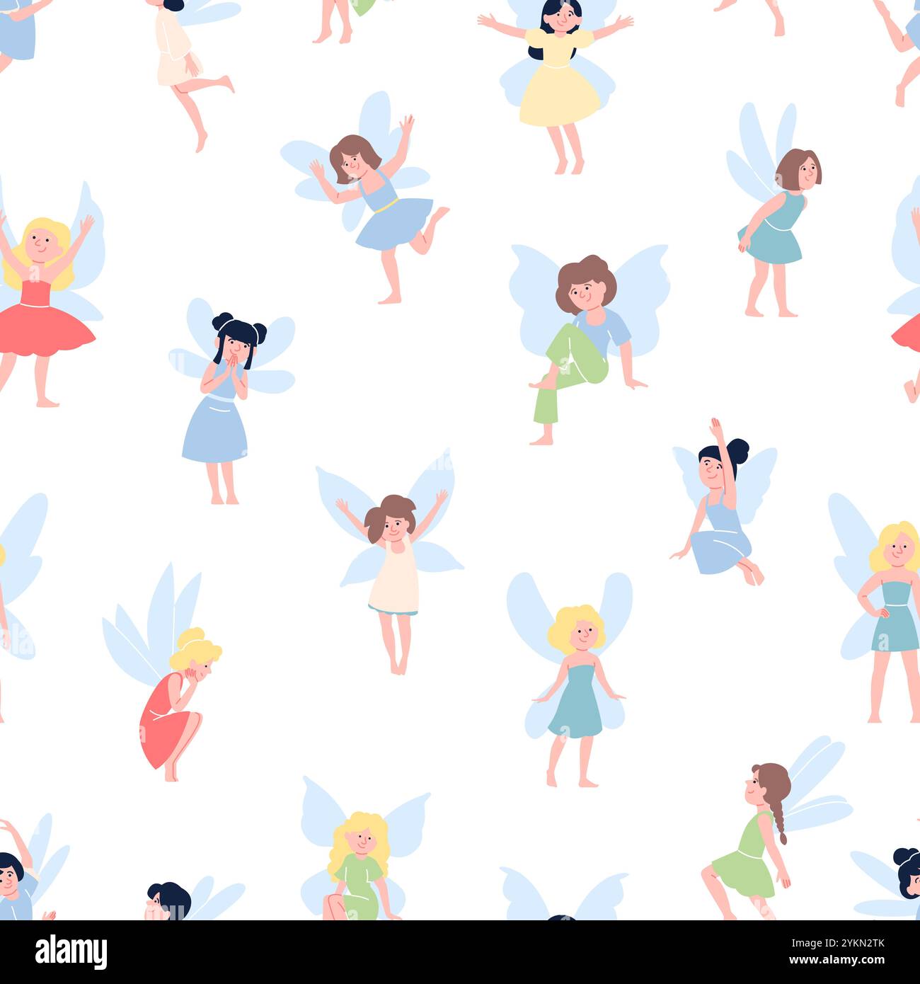 Little fairy ladies seamless pattern. Funny girls with butterfly wings ...