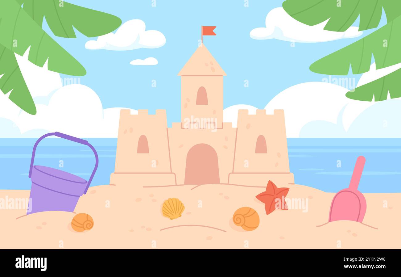 Sand castle on beach. Kids builds fortress or palace on seaside. Sandy ...