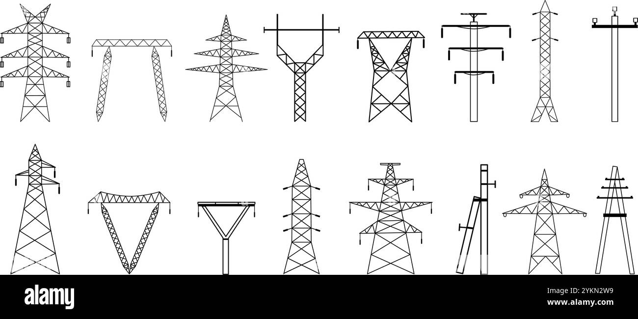 Electric line pylons. Voltage transmission, high power grid piles ...