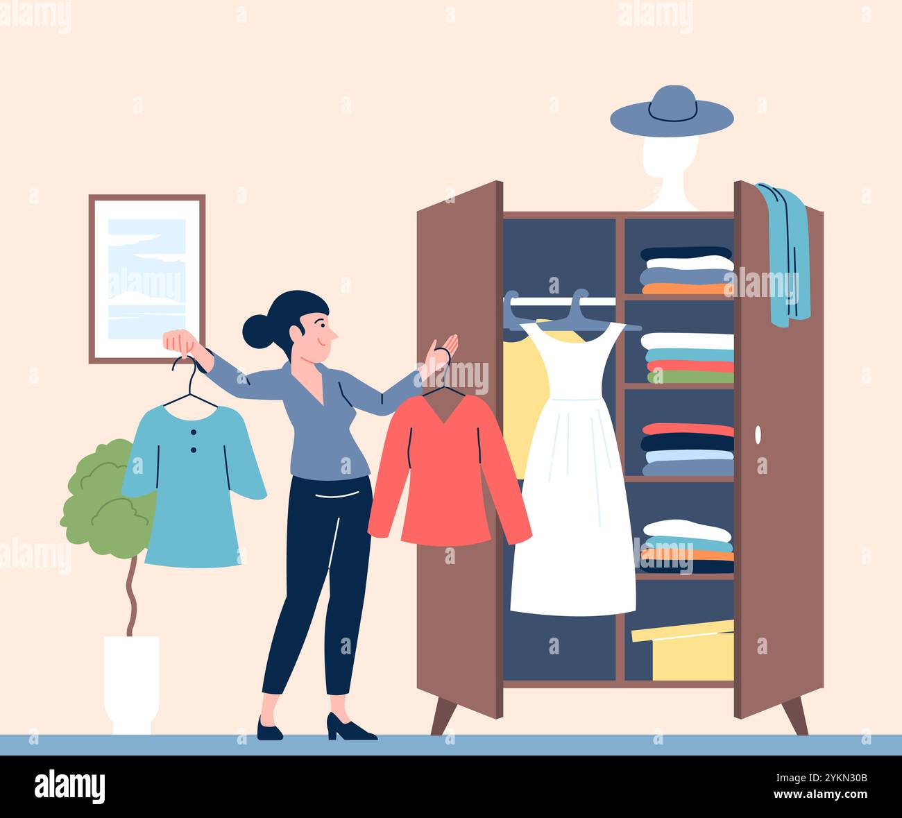 Girl and wardrobe. Cartoon woman choose between two blouses. Female ...