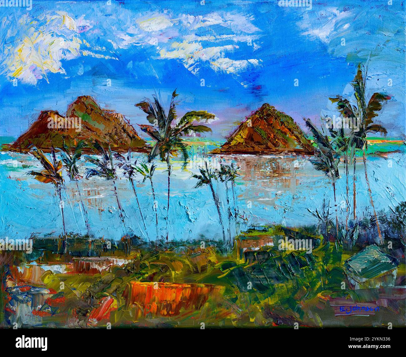 Colorful impressionist painting depicting the iconic twin mokulua ...