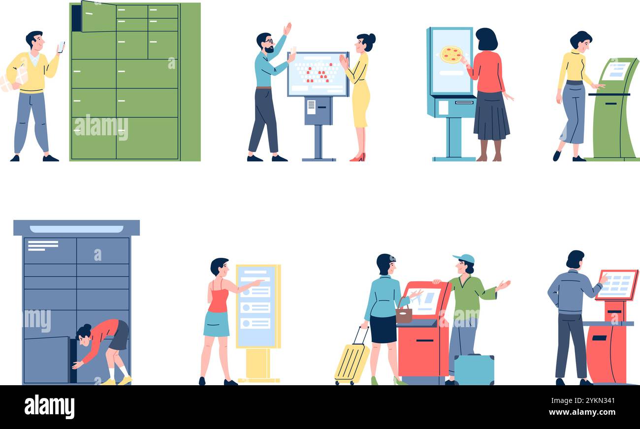 Self service terminals. People using smart kiosks for byu tickets, order food or travel, take ...