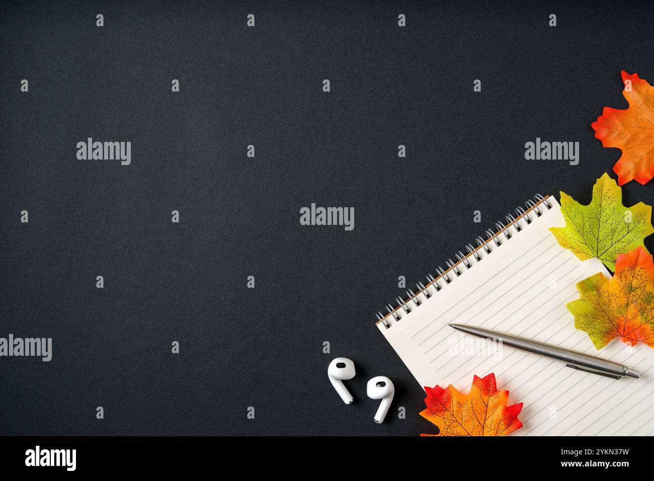 Top view of notebook and ballpoint pen on dark grey background Stock ...