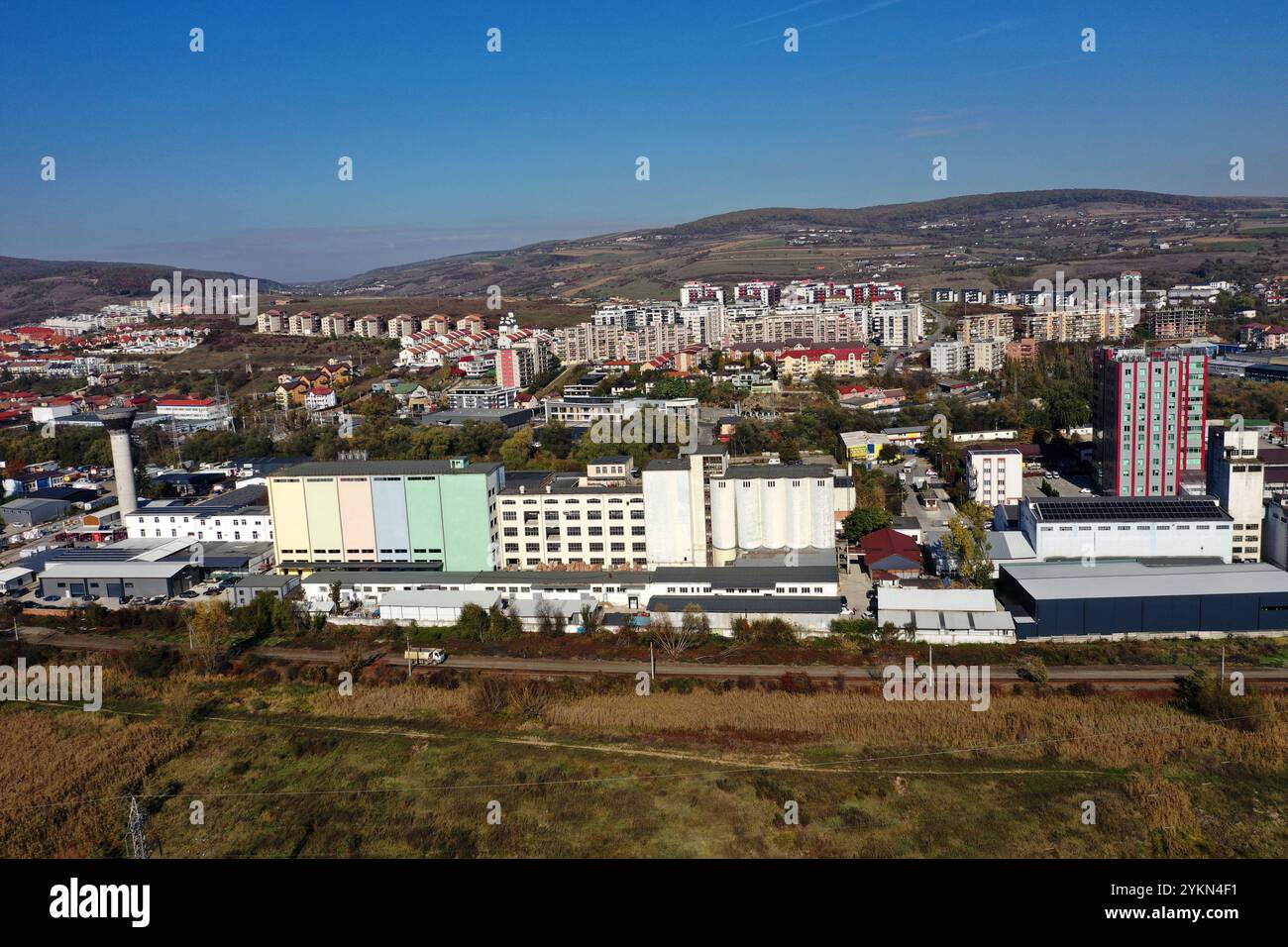 Aerial view of industrial zone and technology park buildings by drone ...