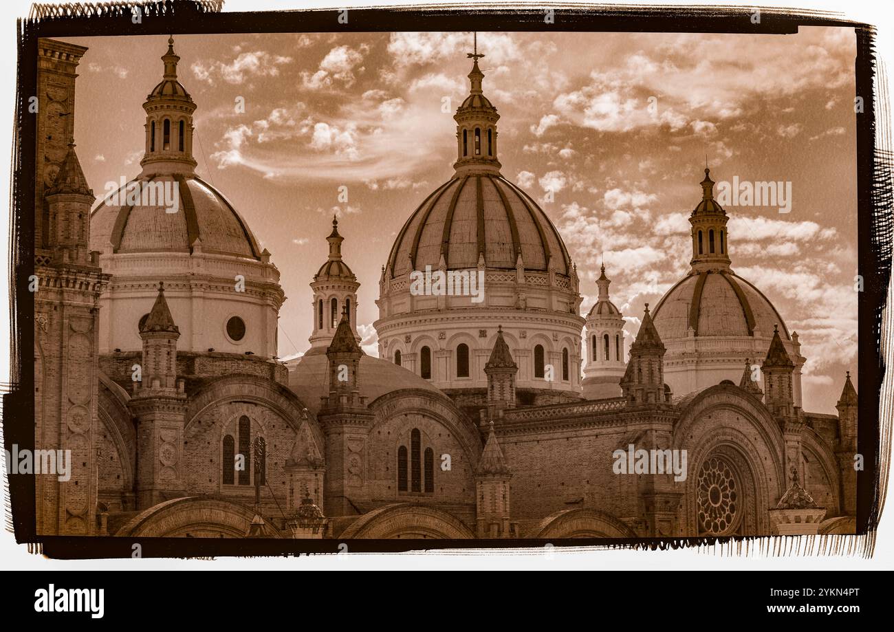 Sepia toned view of the domes of the new cathedral of cuenca, ecuador ...