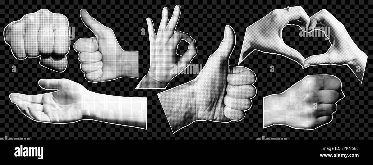 Collage halftone hands gestures. Dotted pop art style Stock Vector ...