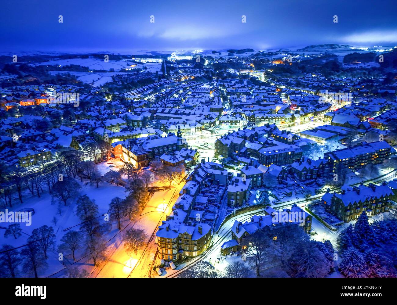 Snow covered buildings in the early morning light after the overnight ...
